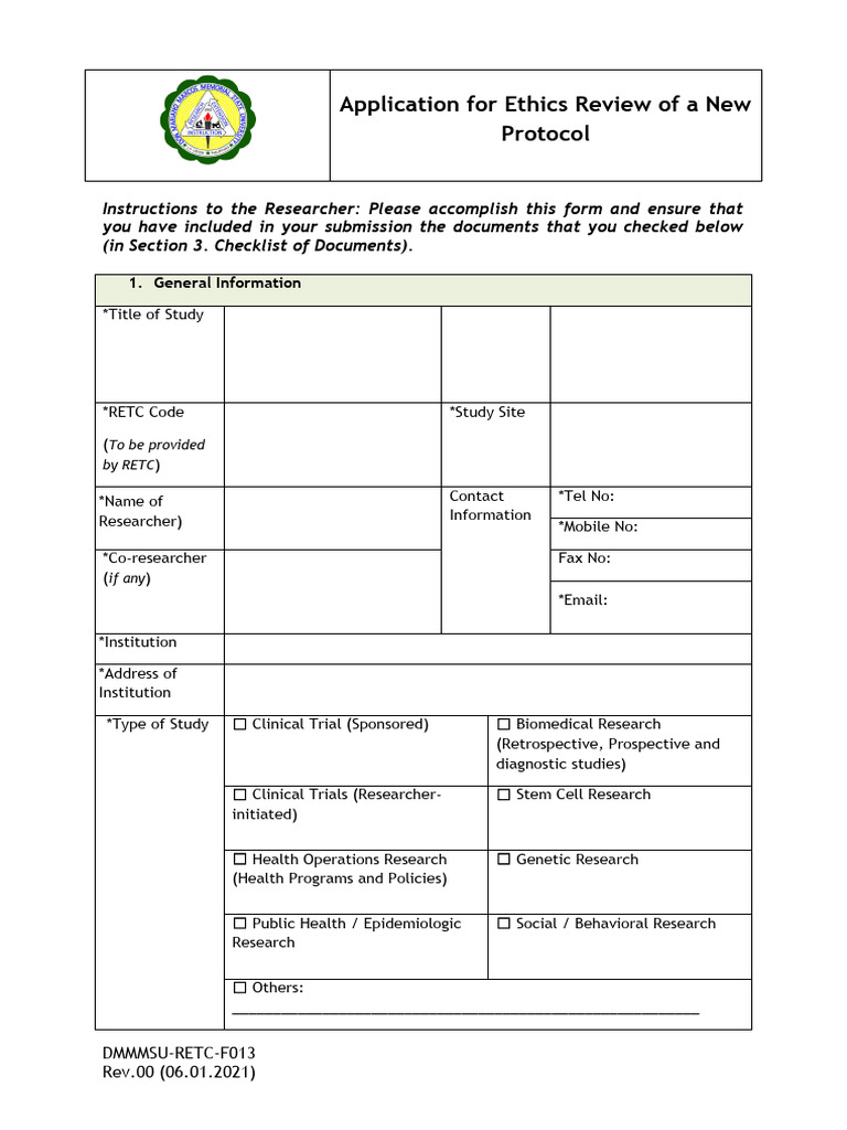 DMMMSU-RETC-F013-Application For Ethics Review of A New Protocol | PDF ...