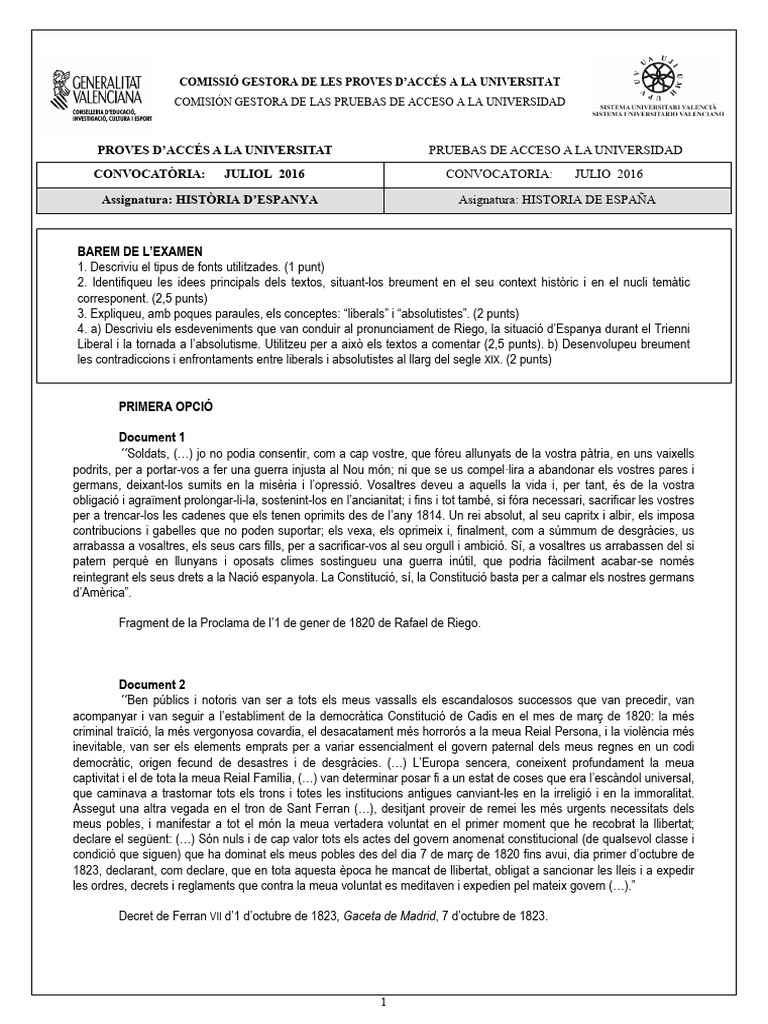 Examen Historia de España de La Comunidad Valenciana (Extraordinaria de ...