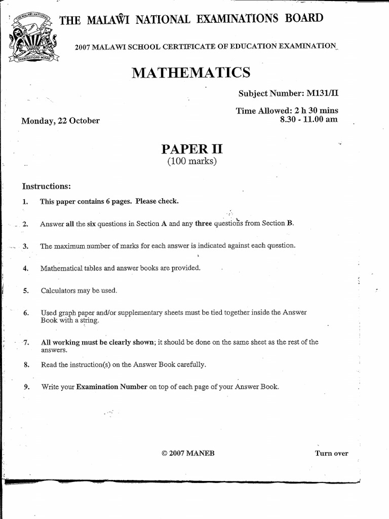 2007msce Math Paper - 1 | PDF