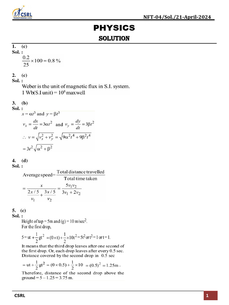 NFT 04 - Solution - 21 April 2024 | PDF | Physics | Continuum Mechanics