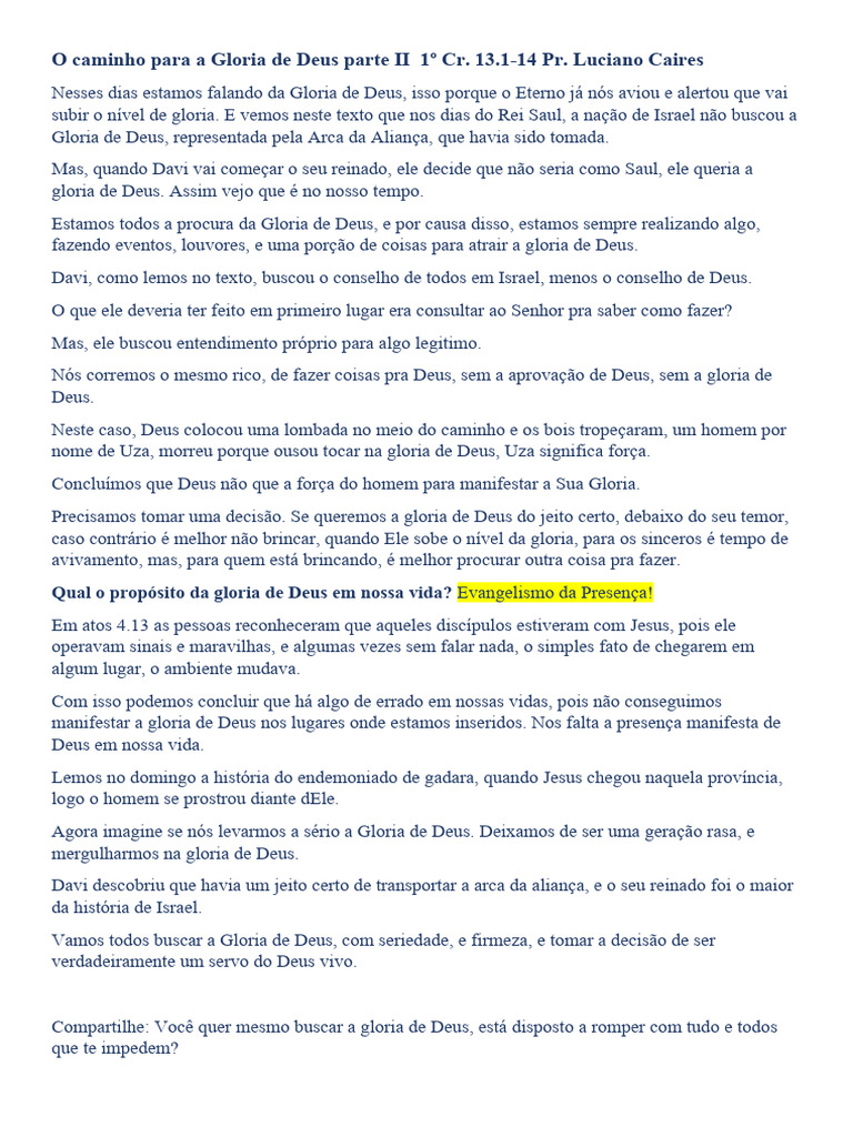 O Caminho para A Gloria de Deus Parte II 1º CR | PDF | Deus | Davi