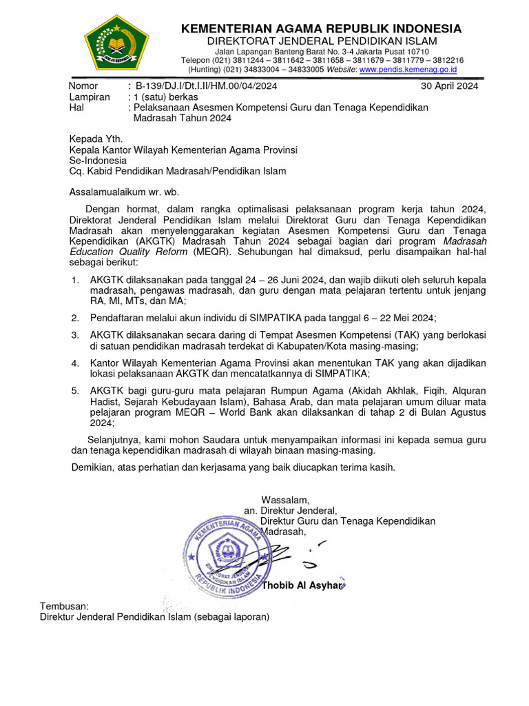 Surat Edaran Kegiatan AKGTK Tahap 1 2024 | PDF