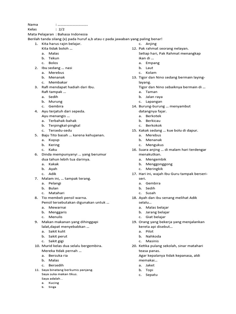 Soal Buk Kls 2 SMT 2 Bahasa Indonesi | PDF
