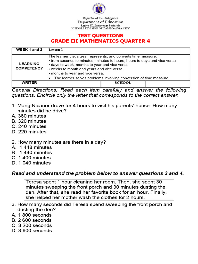 Math TQ G3 Q4 | PDF | Litre | Area