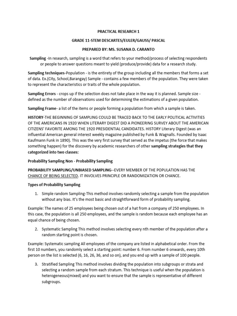 Sampling Handout | Download Free PDF | Sampling (Statistics) | Stratified Sampling