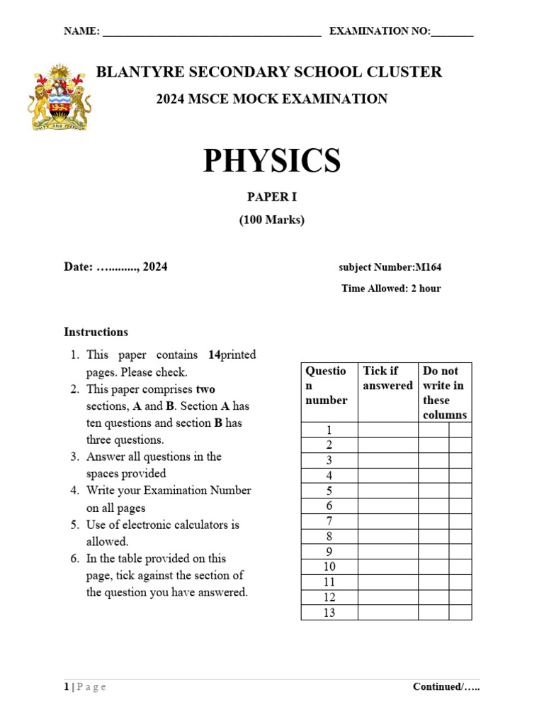 Msce Phy I Mock 2024 | PDF | Force | Applied And Interdisciplinary Physics