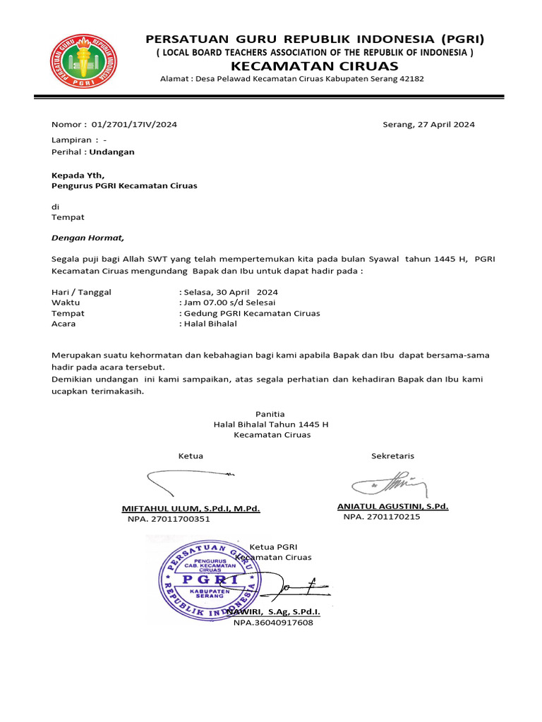 UNDANGAN Halbil Pengurus PGRI Kec. Ciruas | PDF