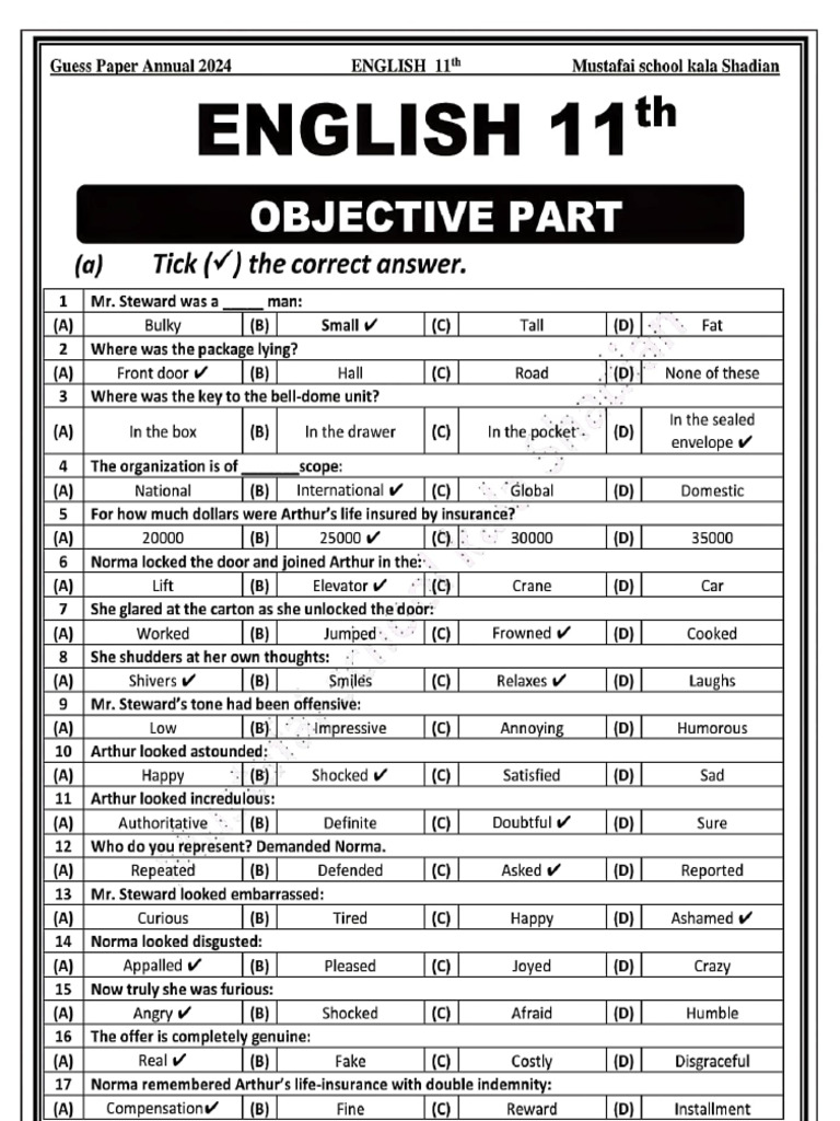 ENG 11th Guess Paper With Solved Mcqs 2024 | PDF