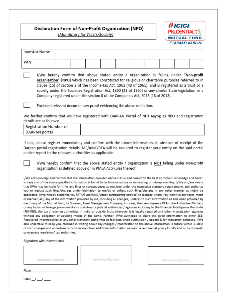 NPO Declaration Form for DARPAN Registration | PDF | Business | Economies