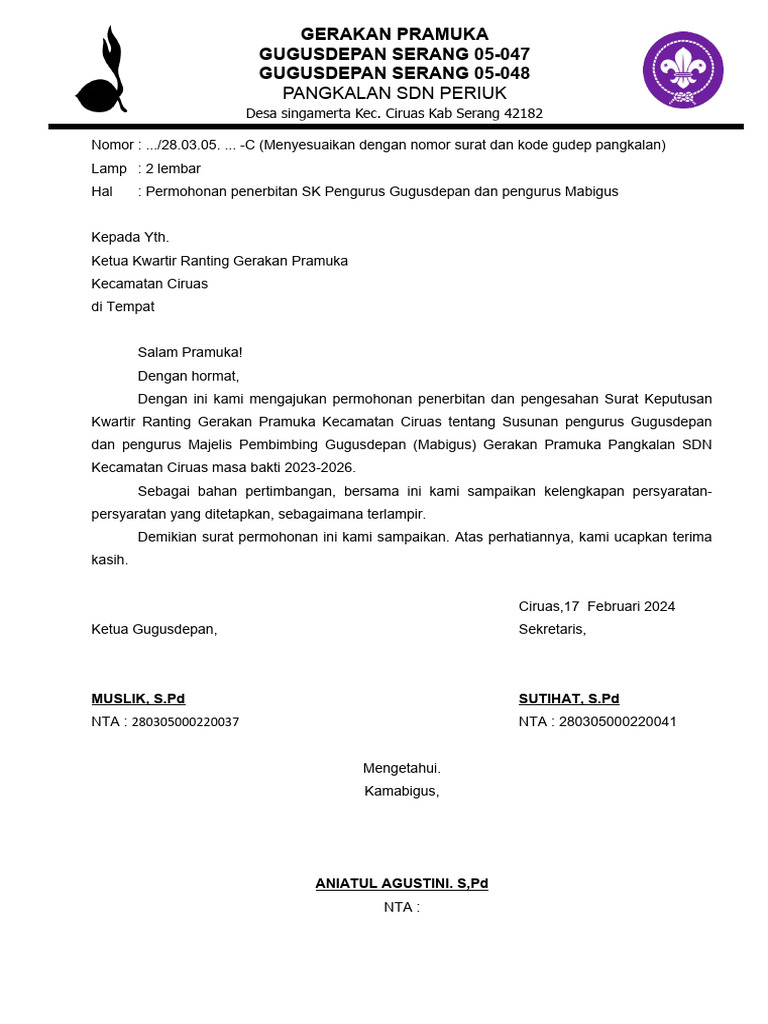 Surat permohonan pengajuan SK Pengurus Gugusdepan dan pengurus Mabigus terbaru s | PDF