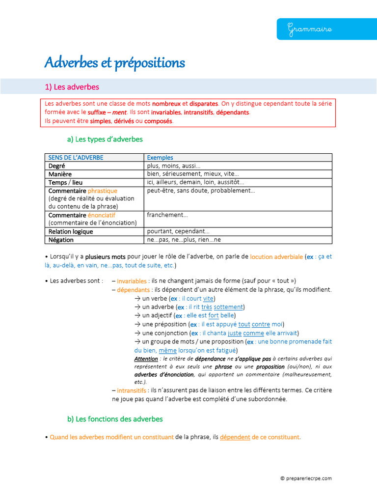 COURS Adverbes Et Prépositions | PDF | Adverbe | Phrase