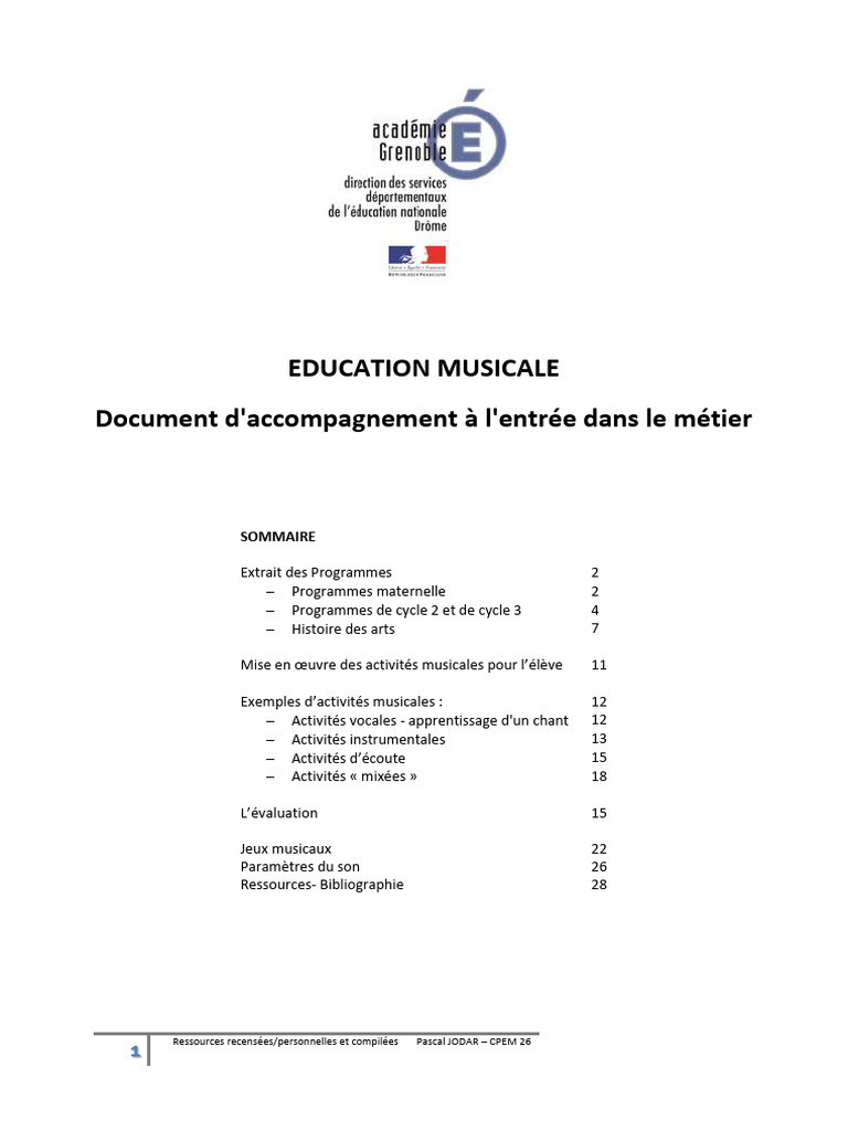 Ressources pour l'éducation musicale en maternelle | PDF | Arts ...