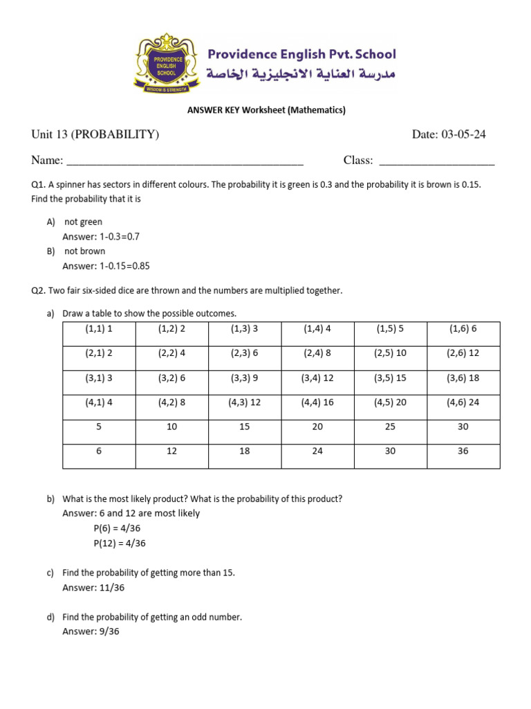 ANSWER_KEY_Worksheet_CH_13 | PDF | Probability | Probability Theory