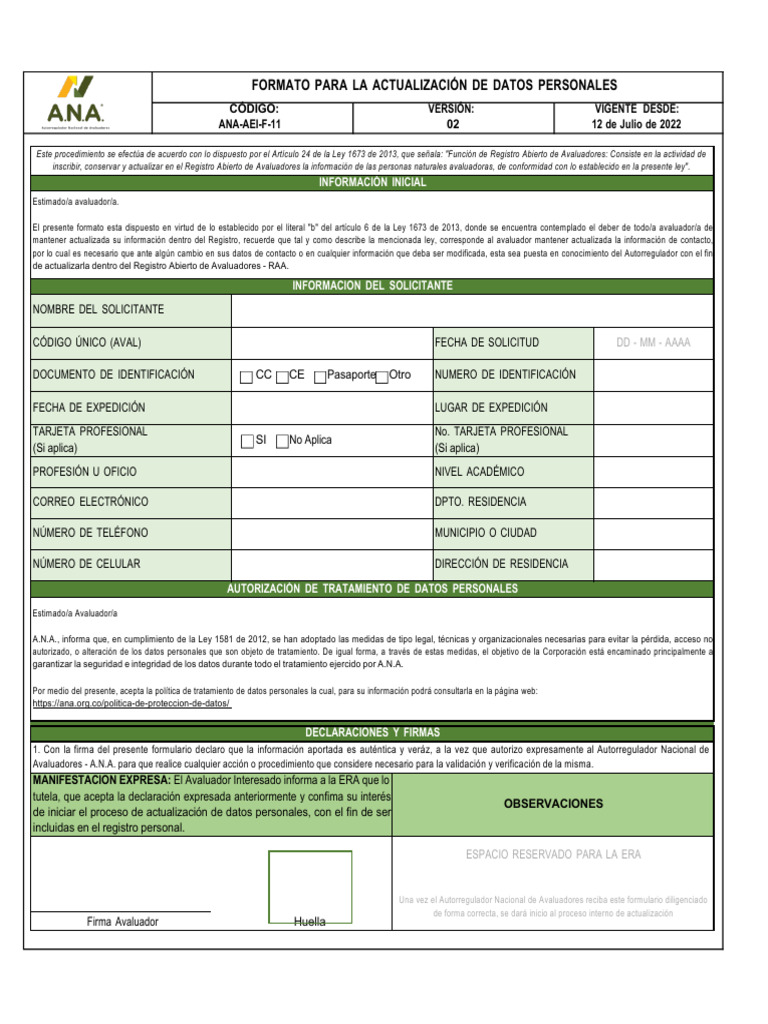 11 Formato para La Actualizacion de Datos Personales | PDF
