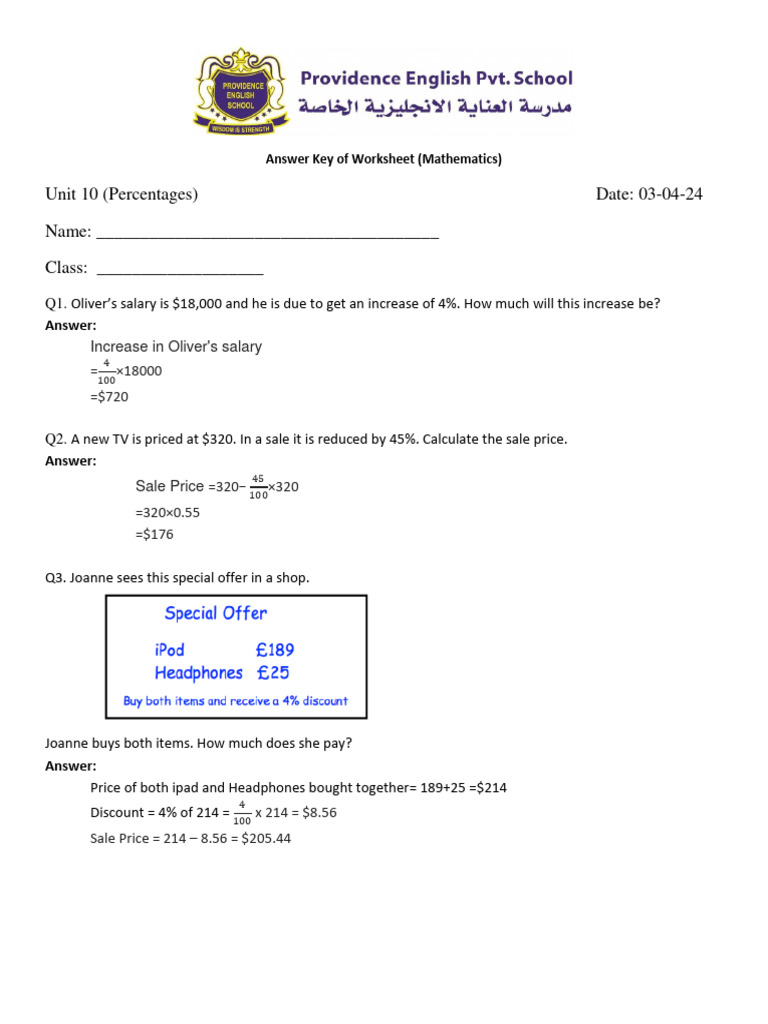 Answer Key of WS of Percentages | PDF | Prices | Economies