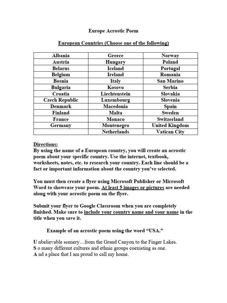 Europe Acrostic Poem New Enrichment | PDF