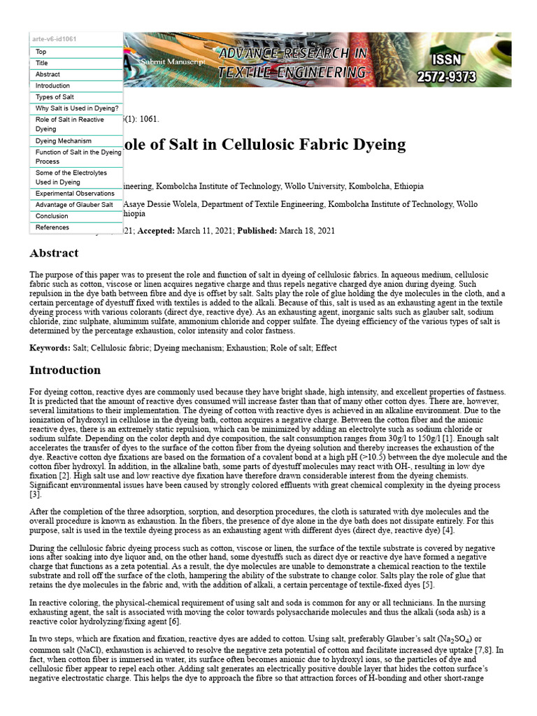 Effect and Role of Salt in Cellulosic Fabric Dyeing | PDF | Salt (Chemistry) | Dye