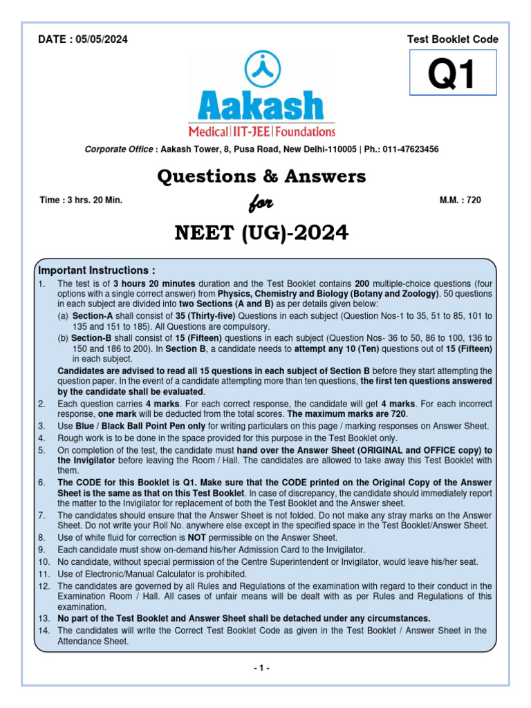 Qs&Ans_NEET-2024 (Code-Q1)_FINAL | PDF | P–N Junction | Acceleration