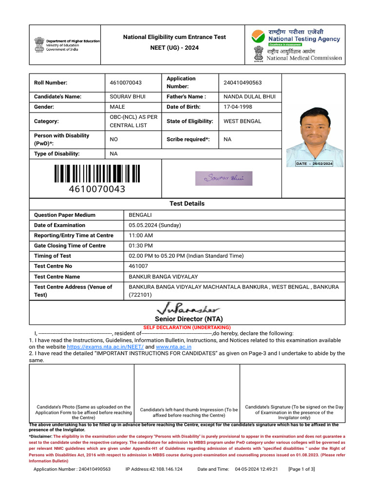 NEET 2024 Admit Card Instructions | PDF | Identity Document