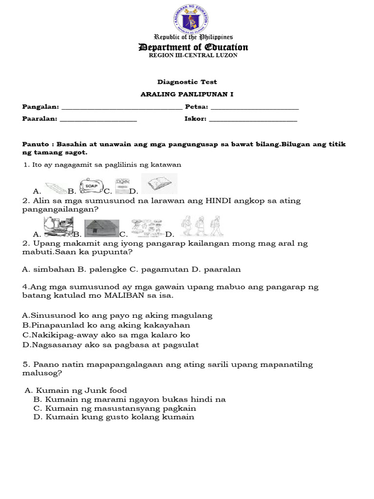 Grade 1 AP Diagnostic Test v.2 | PDF