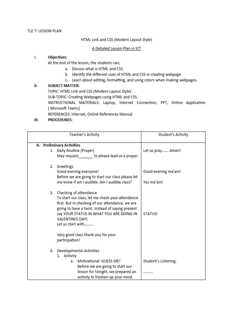 Tle7 Lesson Plan - Sumalinog | PDF | Html Element | Html