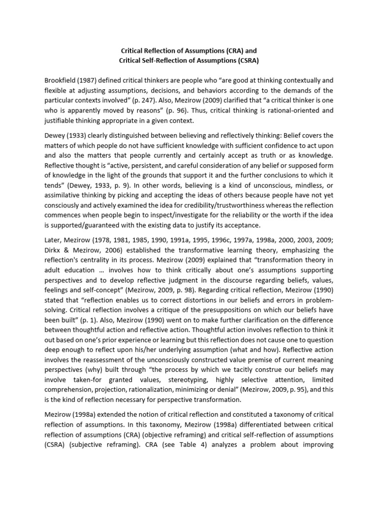 Critical Reflection of Assumptions | PDF | Critical Thinking | Thought