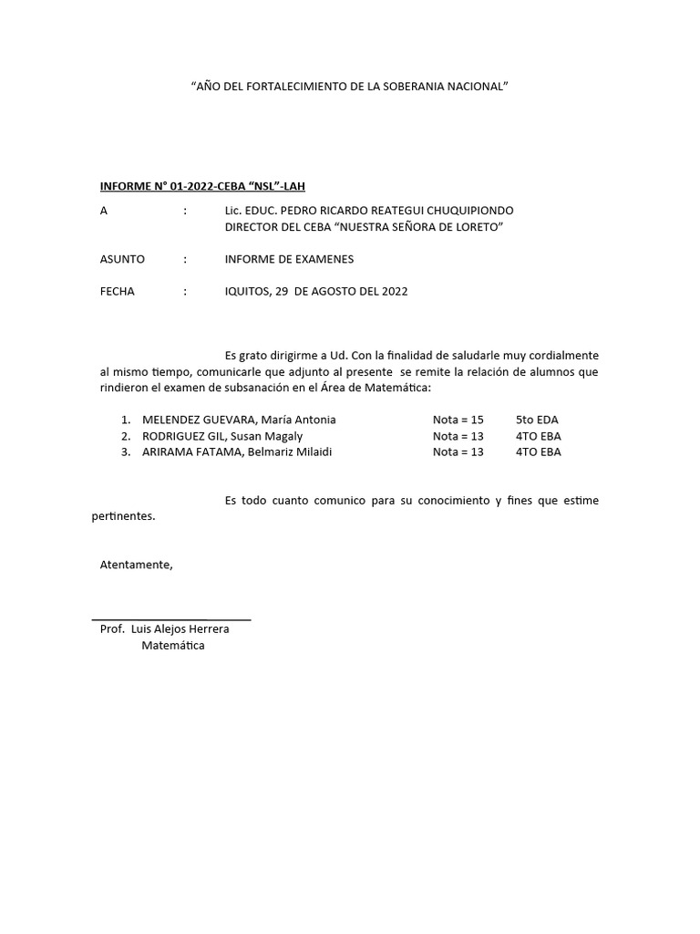 Informe de Exámenes de Subsanación | PDF | Ciencias sociales | Salud y bienestar