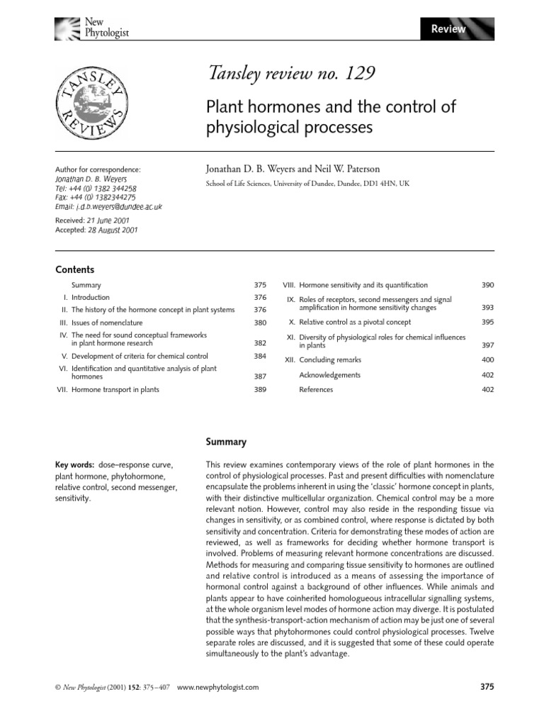 New Phytologist - 2002 - Weyers - Plant Hormones and The Control of Physiological Processes ...