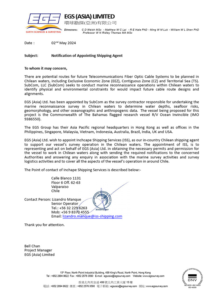 Letter of Appointment To ISS Chile | PDF | Hydrography | Earth Sciences