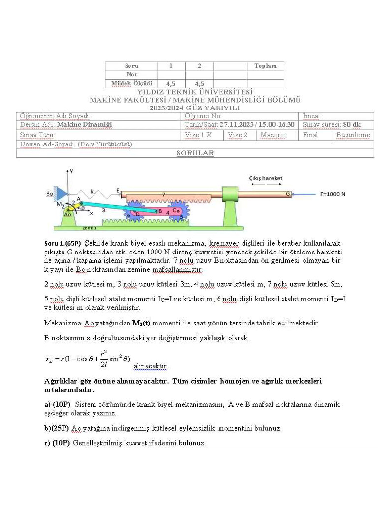 Makine Dinamiği Vize 2023 Güz | PDF