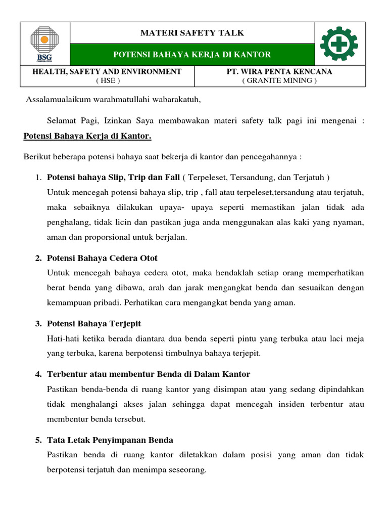 Materi Safety Talk Potensi Bahaya Kerja Di Kantor | PDF