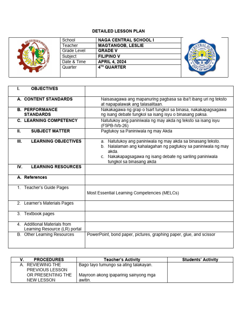 MAGTANGOB DLP Filipino-5 Trial-Teaching | PDF