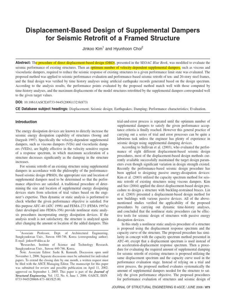 Displacement-Based Design of Supplemental Dampers For Seismic Retrofit of A Framed Structure ...