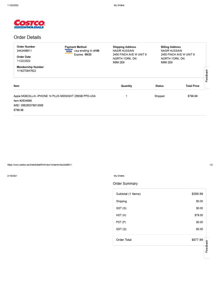 Costco Order: iPhone 14 Plus Details | PDF | Taxation | Taxes