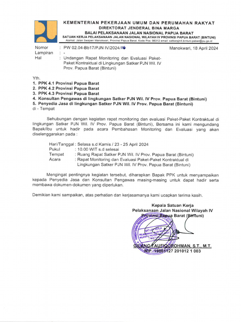 Undangan Rapat Monitoring Dan Evaluasi Paket-Paket Kontraktual Di Lingkungan Satker PJN IV ...