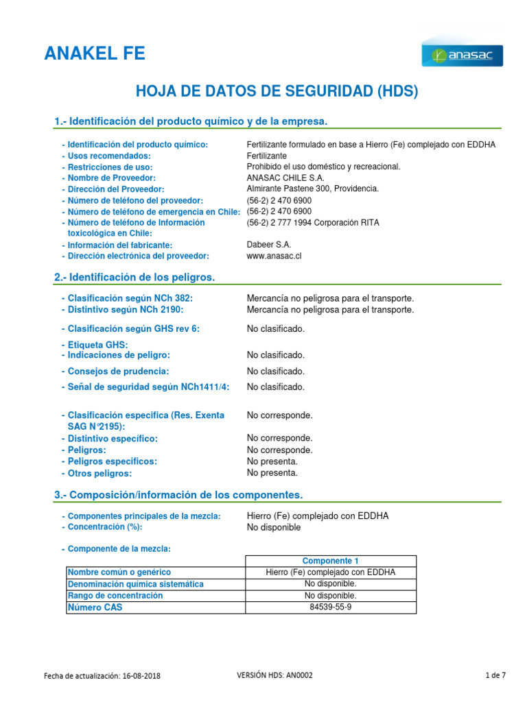 HDS Anakel Fe | PDF | Agua | Primeros auxilios