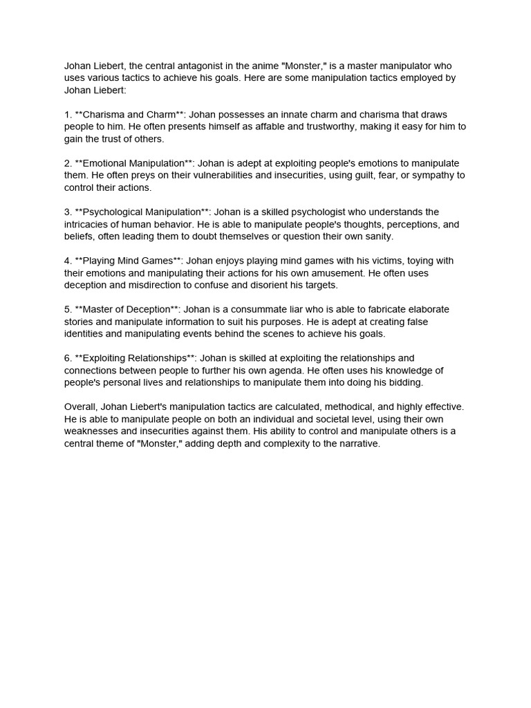 Johan Liebert Manipulation Tactics | PDF