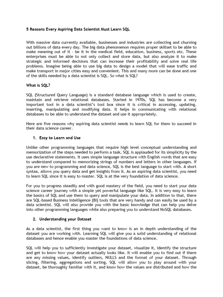 5 Reasons Every Aspiring Data Scientist Must Learn SQL | PDF | Sql ...