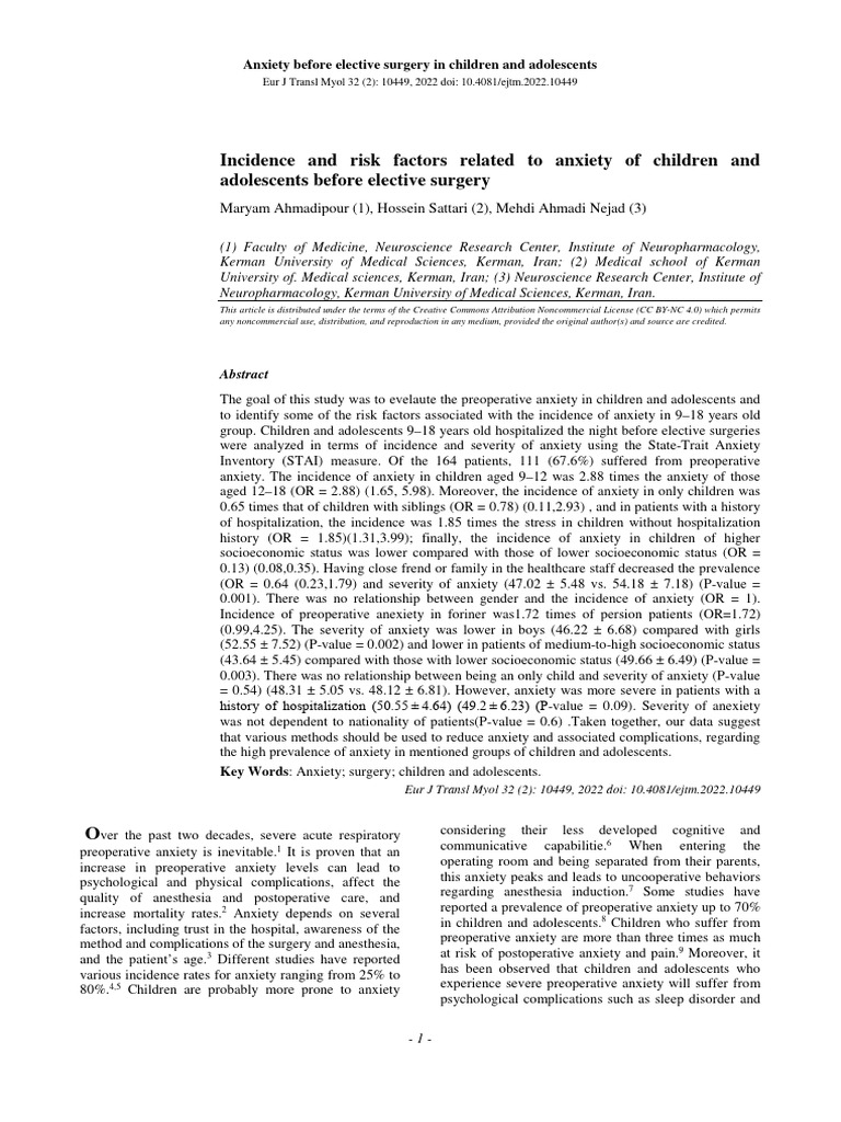 Preoperative Anxiety in Pediatric Surgery | PDF | Surgery | Anxiety ...