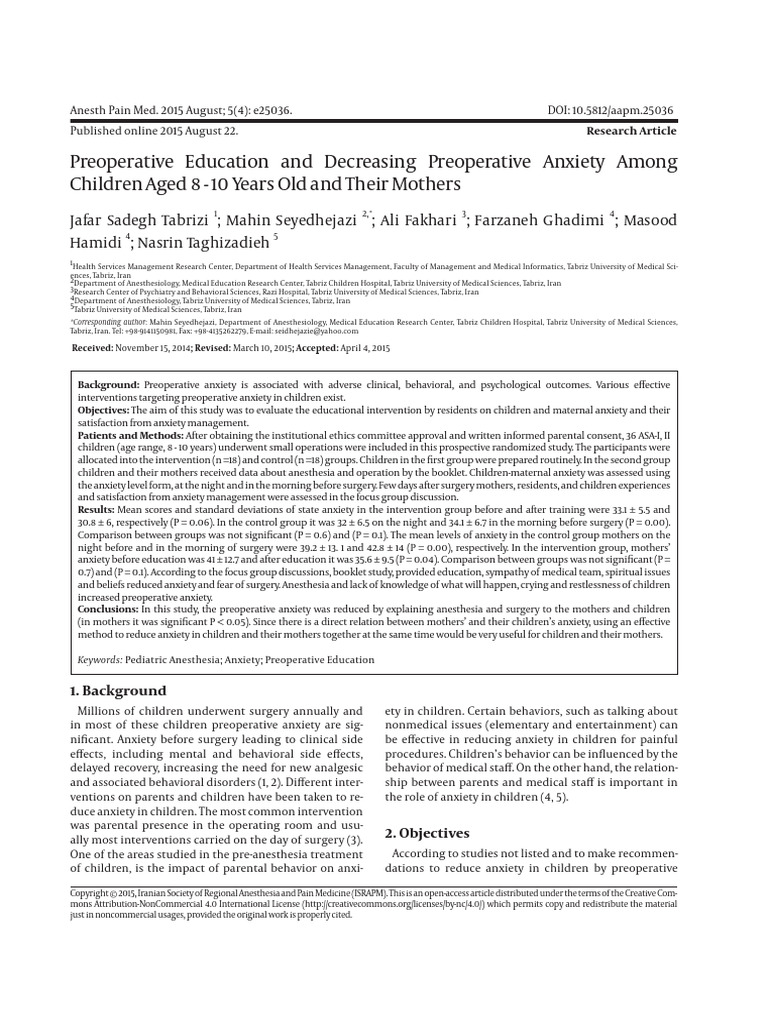 Preoperative Education and Decreasing Preoperative Anxiety Among Children Aged 8-10 Yo and Their ...