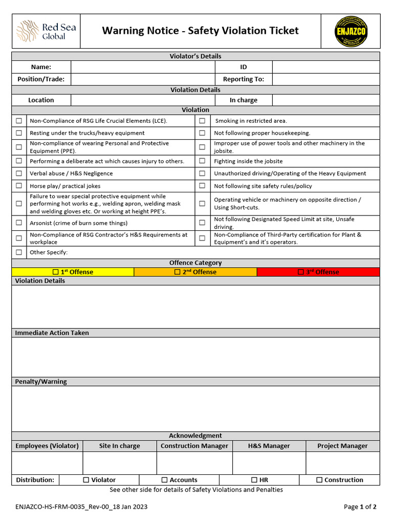 ENJAZCO-HS-FRM-0035 - Rev-00 - Warning Notice - Safety Violation Ticket ...