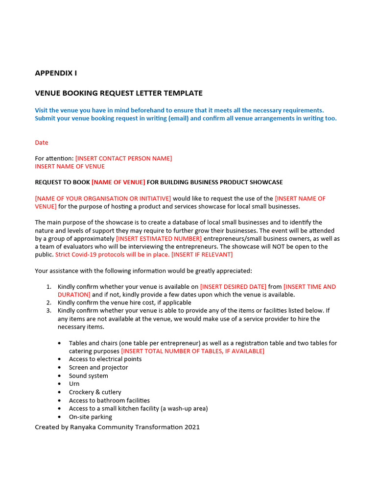 Venue Booking Request for Business Showcase | PDF