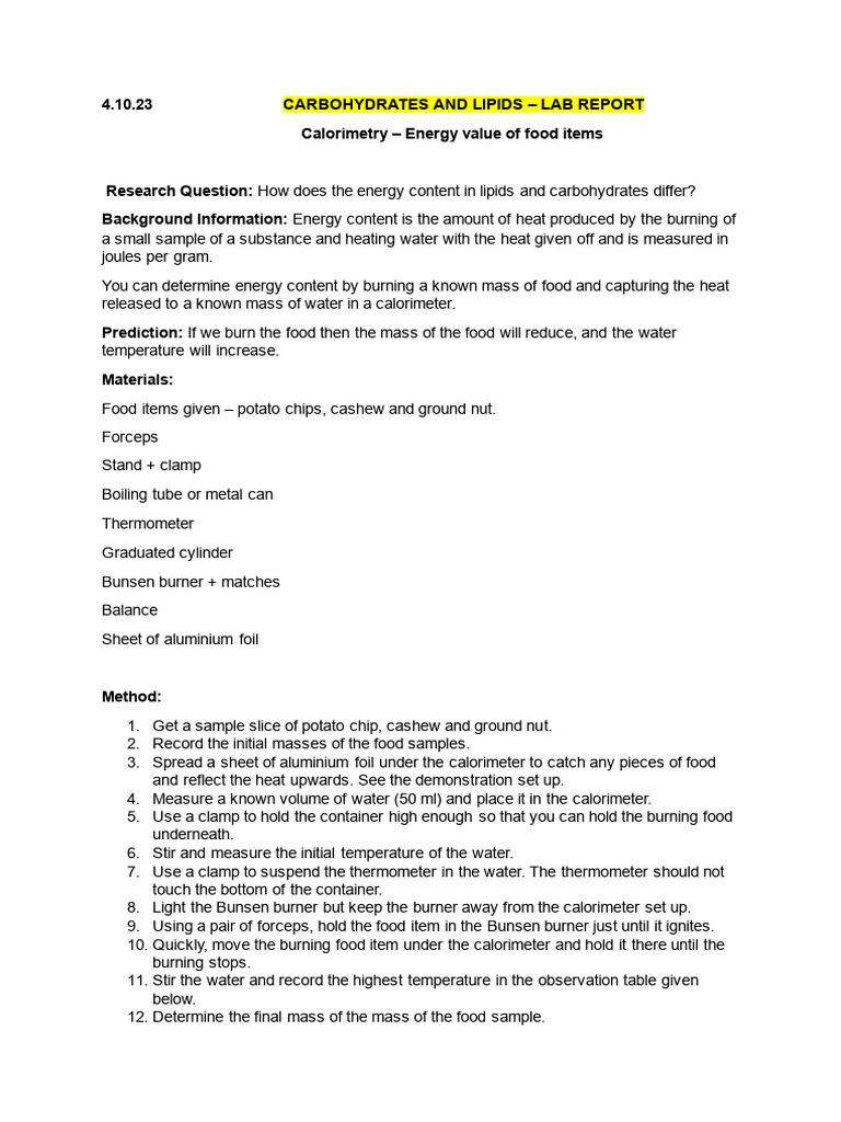Calorimetry - Lab Report (Carbohydrates and Lipids) | PDF | Heat ...