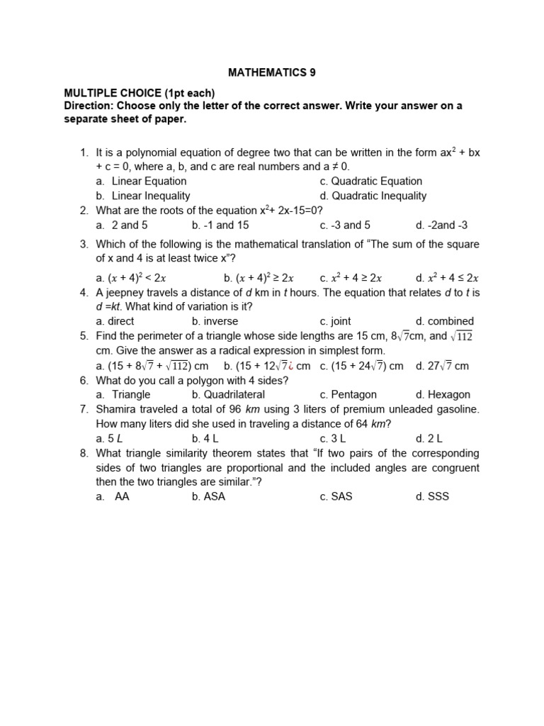 Grade 9 Math Multiple Choice Quiz | PDF | Teaching Methods & Materials ...
