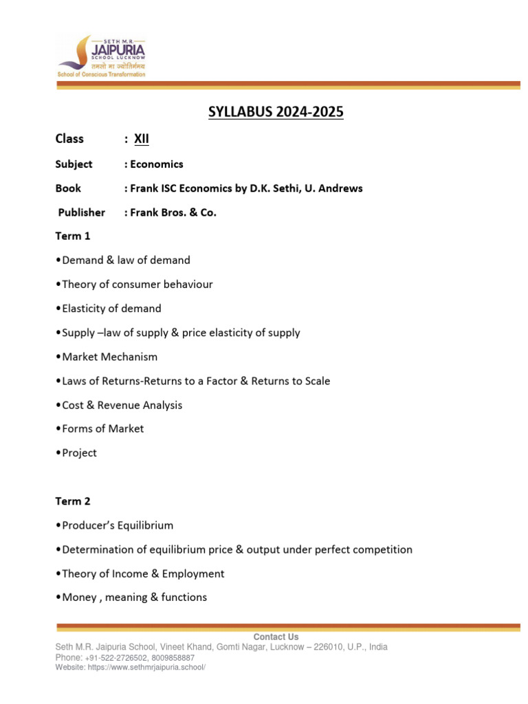 Class Xii Economics Syllabus 2024 2025 Pdf