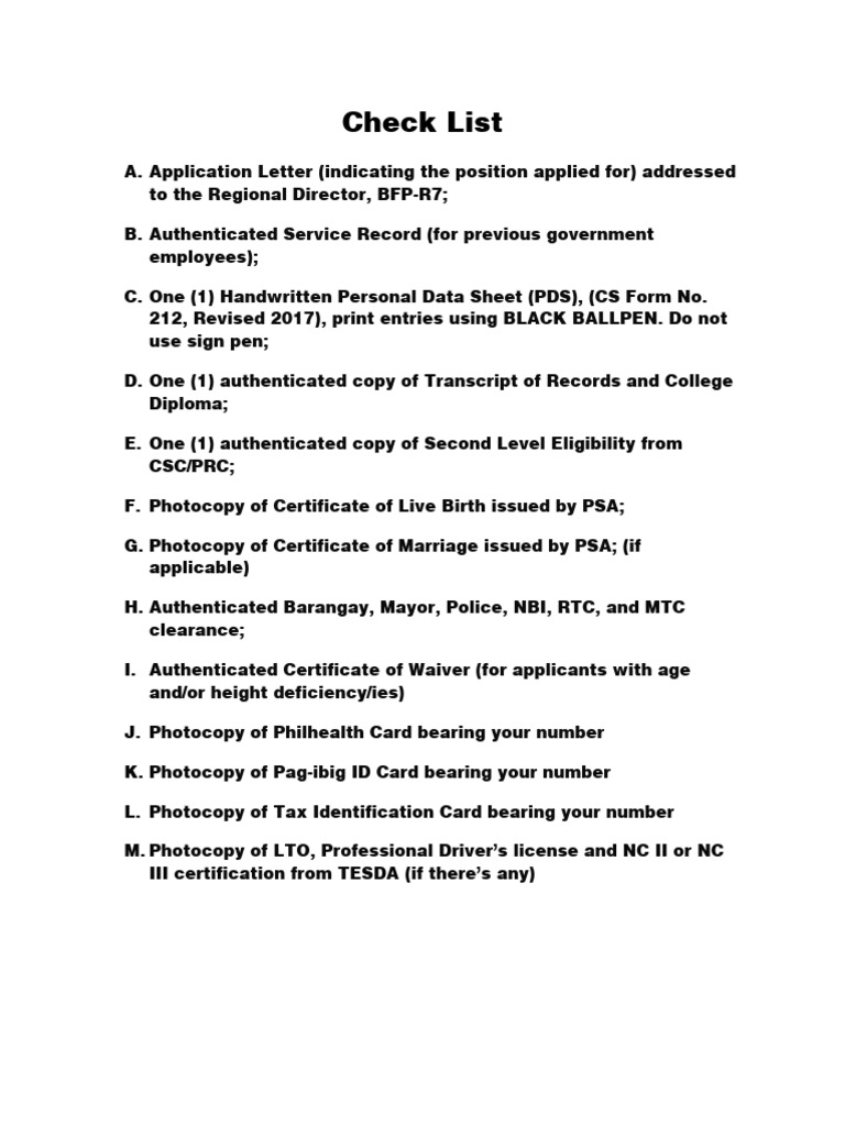 Check List For Applying in BFP | PDF