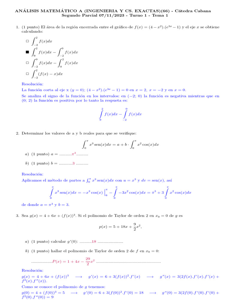 Respuestas 2023 2C 2parcial Tema1 | PDF | Análisis complejo | Matemáticas