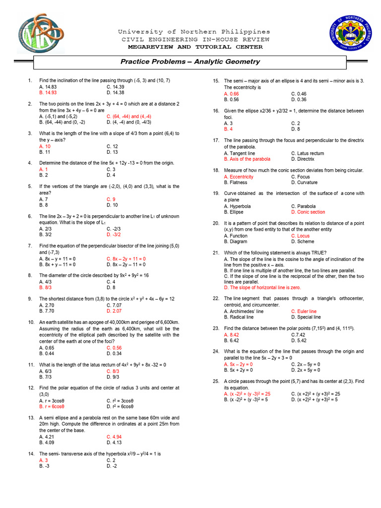 Civil Eng. Analytic Geometry Quiz | PDF | Ellipse | Line (Geometry)