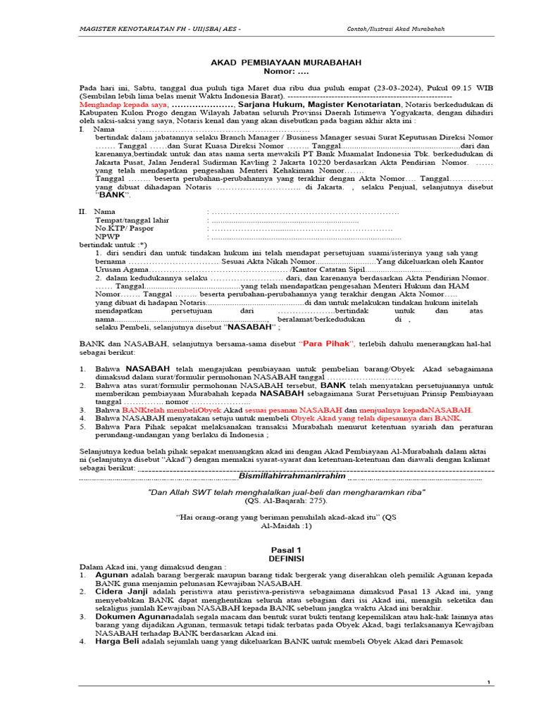 Contoh Dan Analisa Akta Murabahah Sba MKN Uii | PDF