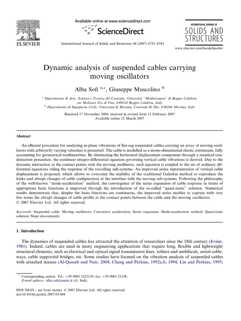 Dynamic Analysis Of Suspended Cables Carr 2007 International Journal Of Soli Pdf Oscillation
